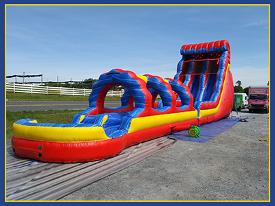 Angled image of the 22' Big Red with Slip in slide attached & pool.